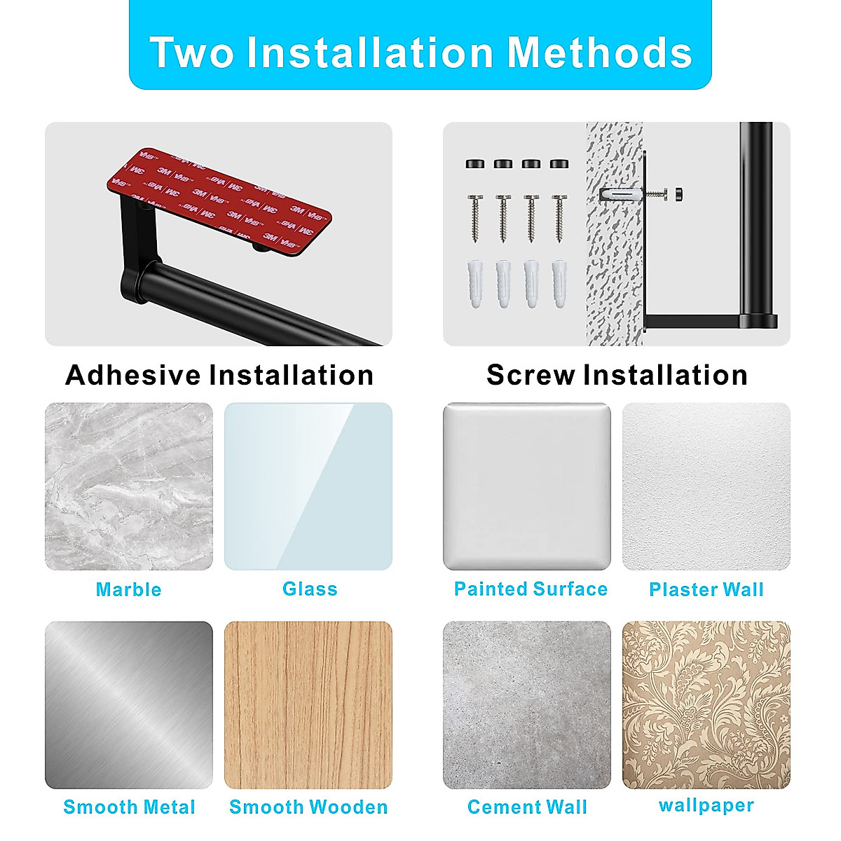 LOKTAR Black Paper Towel Holder, Very High Bond Self Adhesive or Drilling Paper Towel Rack, Under Cabinet Paper Towel Holder Wall Mount for Kitchen, Bathroom, Sink, 13 Inch