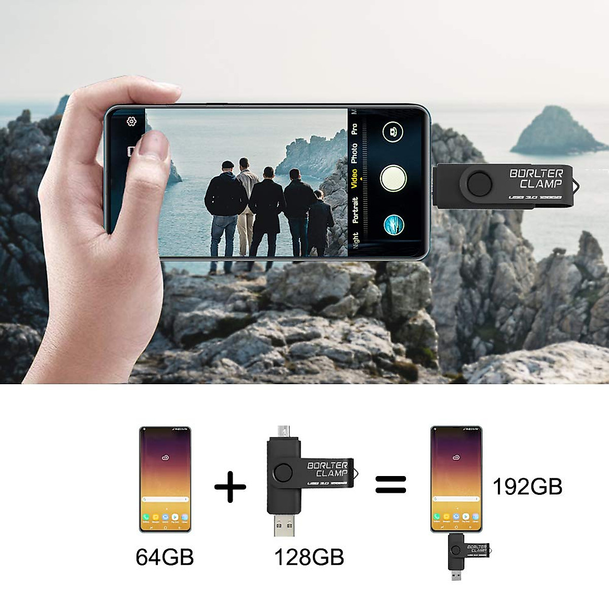 BorlterClamp 128GB USB 3.0 Flash Drive Dual Port Memory Stick, OTG Thumb Drive with Micro USB Drive Port for Android Smartphone Tablet & Computer (Black)