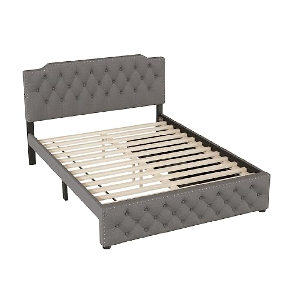 HBRR Queen Size Bed Frame with 2 Drawers and 2 Sets of USB Ports, Upholstered Platform Bed with Button-Tufted Headboard, Wooden Slats Support, No Box Spring Needed, Gray