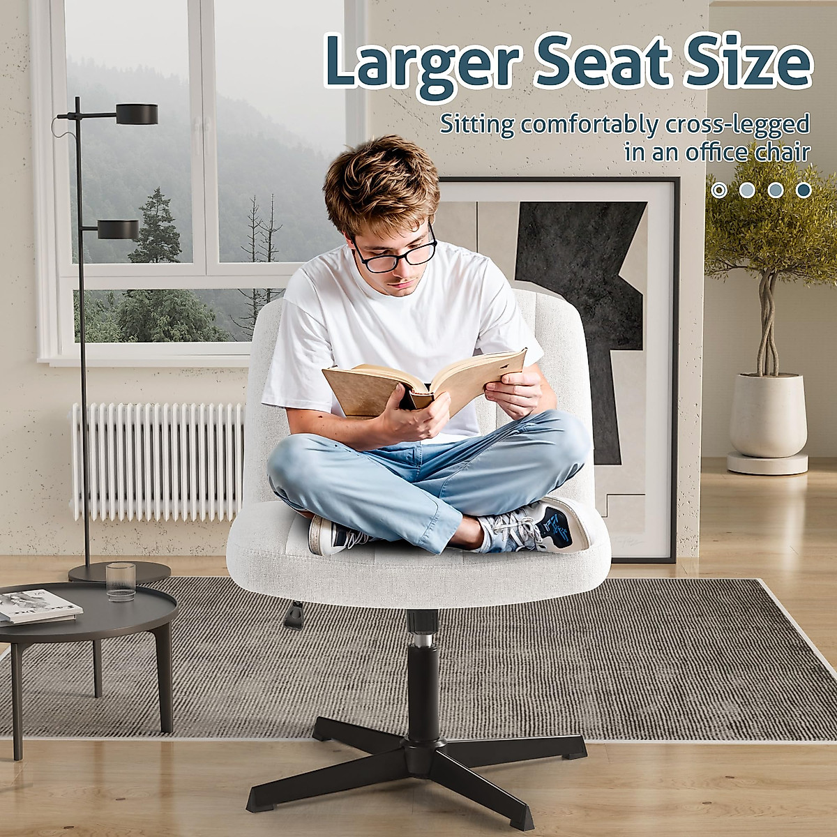 Shahoo Criss Cross Legged Chair with Ottoman, Armless Swivel Wide Padded Modern Height Adjustable Fabric Home Office, Beige