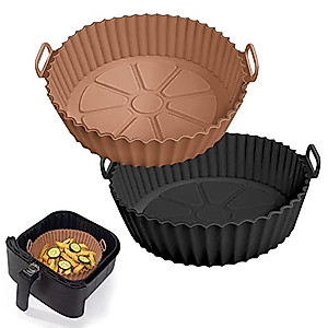 2 Pack Air Fryer Silicone Liners Pot for 3 to 5 QT, Air Fryer Silicone Basket Bowl, Replacement of Flammable Parchment Paper, Reusable Baking Tray Oven Accessories, Brown+Blk, (Top 8in, Bottom 6.75in)