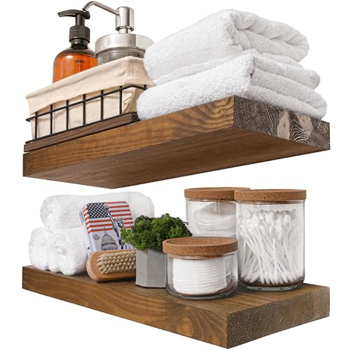 BAOBAB WORKSHOP Wood Floating Shelves 16 inch - Bathroom Shelves for Room Wall Mount - Wide Wooden Wall Shelves for Bedroom Kitchen Living Room - Walnut - 16D x 6.7W Inch, Set of 2