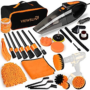 Viewsun 21PCS Car Cleaning Kit, Car Interior Detailing Kit with High Power Handheld Vacuum, Auto Detailing Drill Brush Set, Cleaning Gel, Complete Car Wash Kit Supplies for Deep Cleaning