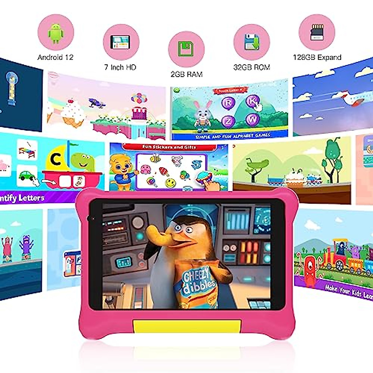 ANYWAY.GO Kids Tablet 7 inch Tablet for Kids Android 12 Tablet 2GB 32GB Children Learning Tablet, Parent Controls, Dual Camera, Kidoz Pre-Installed Tablet Kids with Case