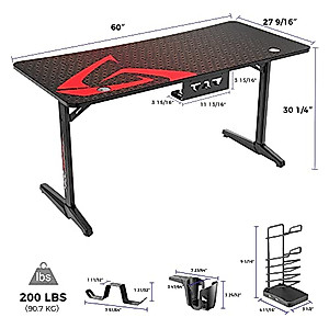 It's_Organized Gaming Desk, 60 Inch Computer Desk Carbon Fiber Surface Gamer Desk with Free Mouse pad, T-Shaped Professional Gaming Table with USB Gaming Rack, Cup Holder & Headphone Hooks, (Black)