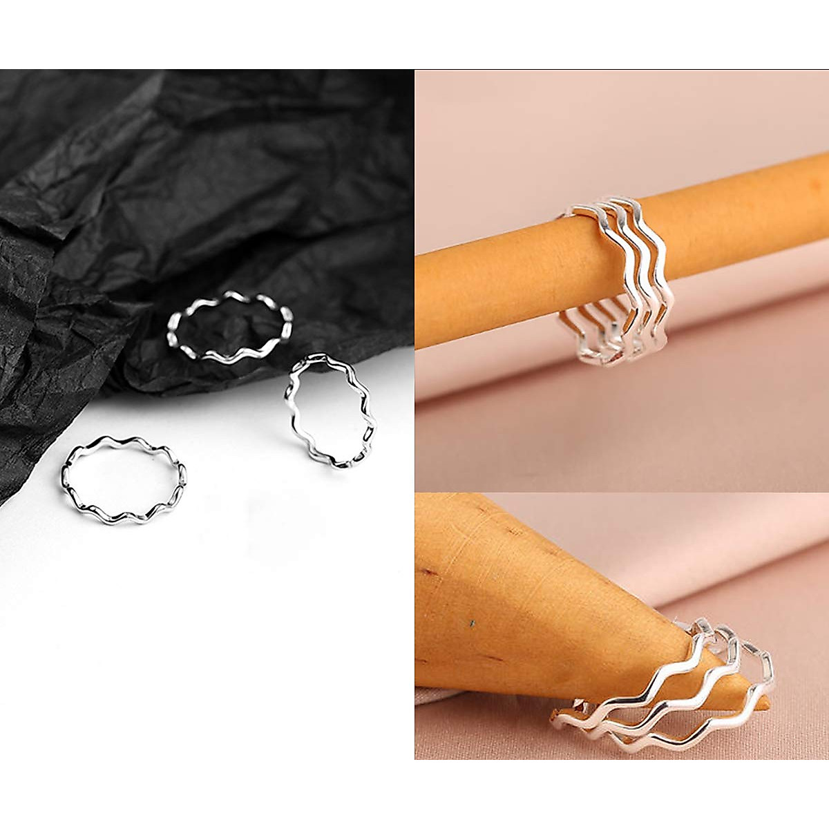 REVEMCN 3Pcs 316L Stainless Steel Simple Wave Ring Set for Women Teen Girls Stackable Knuckle Wedding Band Rings Comfort Fit Finger Ring 4 to 11 (Silver, 11)