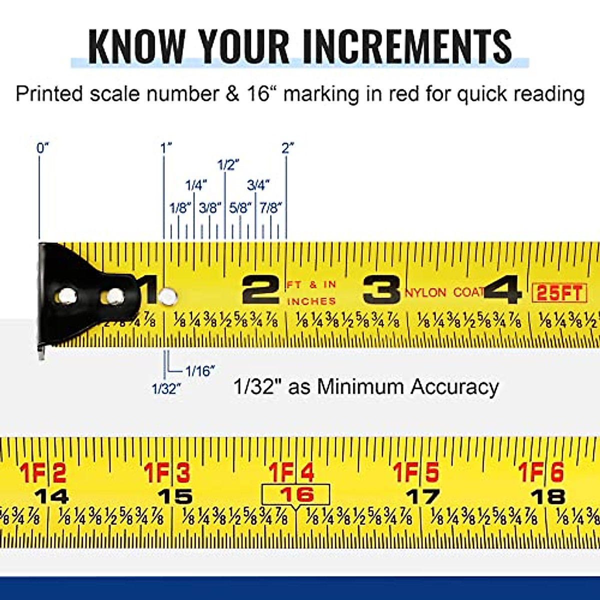 WORKPRO Auto-Lock Tape Measure 25 FT, Tape Measure with Fractions Every 1/8" and 1/32" Accuracy, Quick Read, Nylon Coated with Magnetic Hook, Shock-Resistant Case and Belt Clip