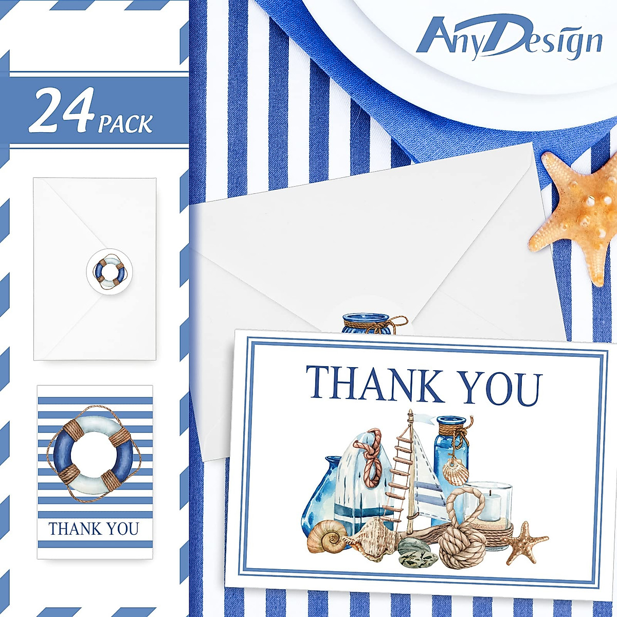 AnyDesign Cruise Staff Thank You Cards Set with Stickers Envelopes 24 Pack Blue Nautical Thank You Note Cards for Express Thanks to Ship Staff Birthday Baby Shower Party, 4 x 6 Inch