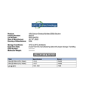 10% Sodium Dodecyl Sulfate (SDS) Solution - DNase/RNase/Protease Free SDS in Autoclaved 18.2 Ohm Deionized Water - 125mL