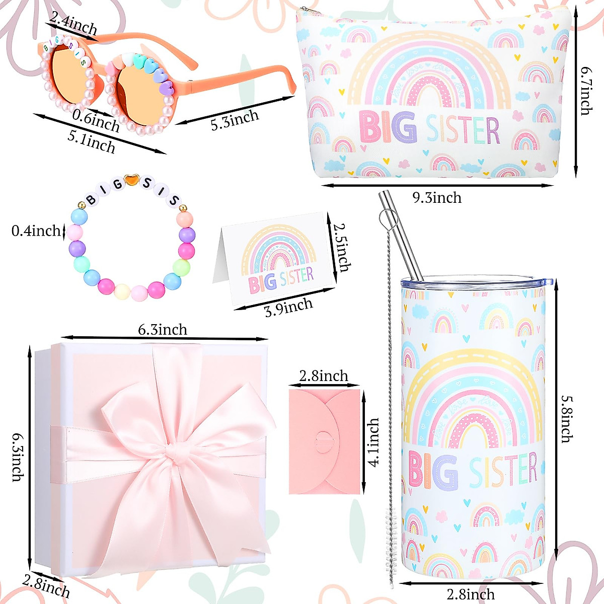 Havawish 7 Pcs Big Sister Gift 14oz Pink Sister Cup Vacuum Insulated Tumbler with Straw and Brush Big Sister Bracelet Party Sunglasses Makeup Bag Gift Box Envelope Greeting Card for Wedding Party
