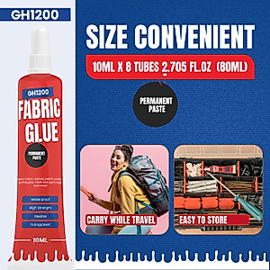 Fabric Glue Permanent (10 ML x 8), Fabric Glue for Clothing Permanent Washable for Rhinestones, Patches, Clothes, Denim, Leather, Polyester, Fabrics, Doll Repair, Flannel, Cotton & More