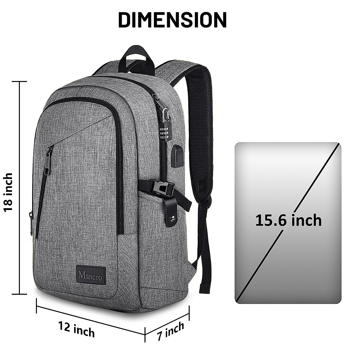 Mancro Laptop Backpack for Travel, 15.6 in Anti-Theft Business College School Bookbag for Men Women with USB Charging Port & Lock, Gifts for Teenage, Water Resistant Travel Computer Bag Daypack, Grey