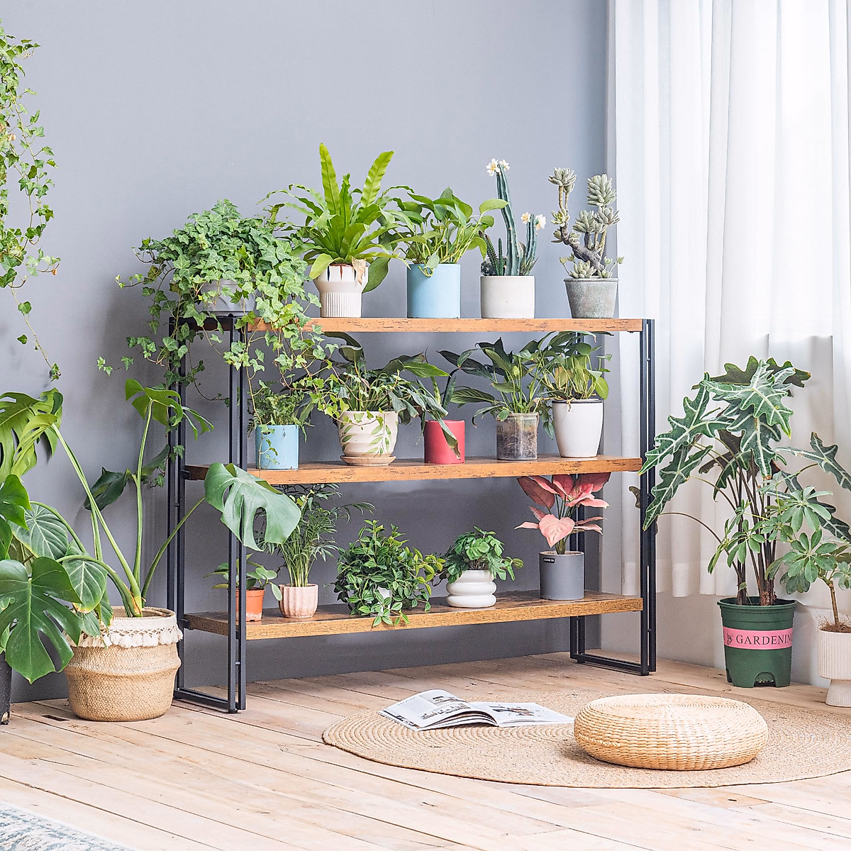 BCLOUDNEST Bookshelf, 3 Tier Long Bookcase, Industrial Book Shelf for Living Room, Home Office, Kitchen, Rustic Brown