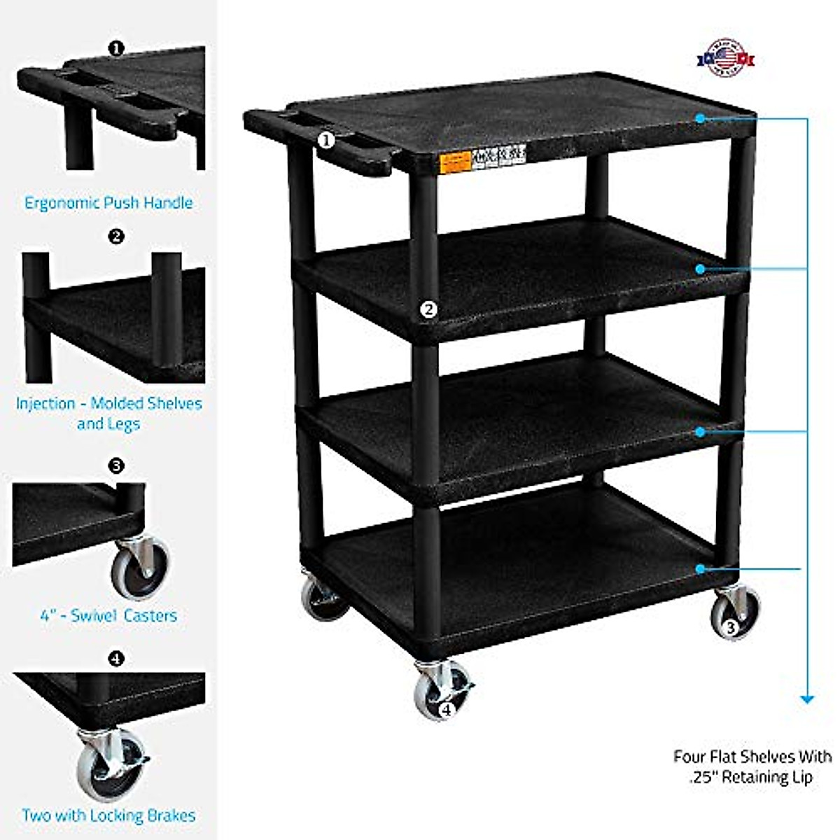 Luxor BC45-B 4 Flat Shelf Structural Foam Plastic Cart Black 24"W x 18"D x 39"H