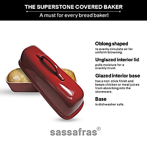 Sassafras Superstone® Covered Baker with Red Glazed Exterior and Unglazed Interior Bakes an Artisan Italian Bread with Crusty Crust and a Light Crumb