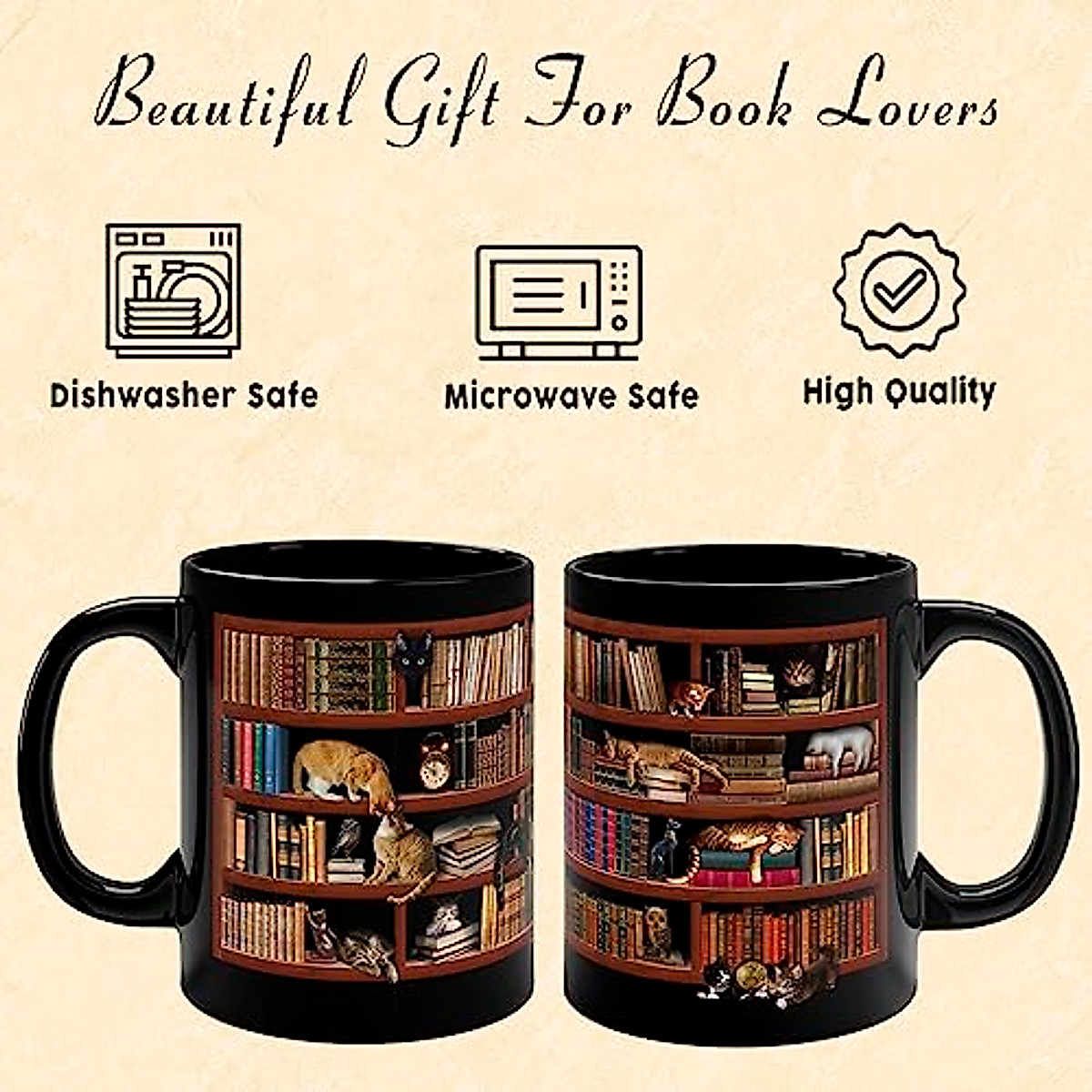 Kovan Library Bookshelf Mug Book Lovers Coffee Mug Library Mug for Cat and Book Lover Book Coffee Mug Book Mug Bookworm Mug Book Club Cup - Gifts for Readers Bookish Black Mug 11Oz With Keychain