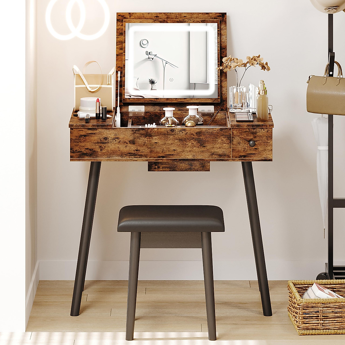 IRONCK Vanity Desk Set with LED Lighted Mirror & Power Outlet, Flip Top Makeup Vanity Table with Drawers & Cabinet,for Bedroom, Bathroom, Vintage Brown