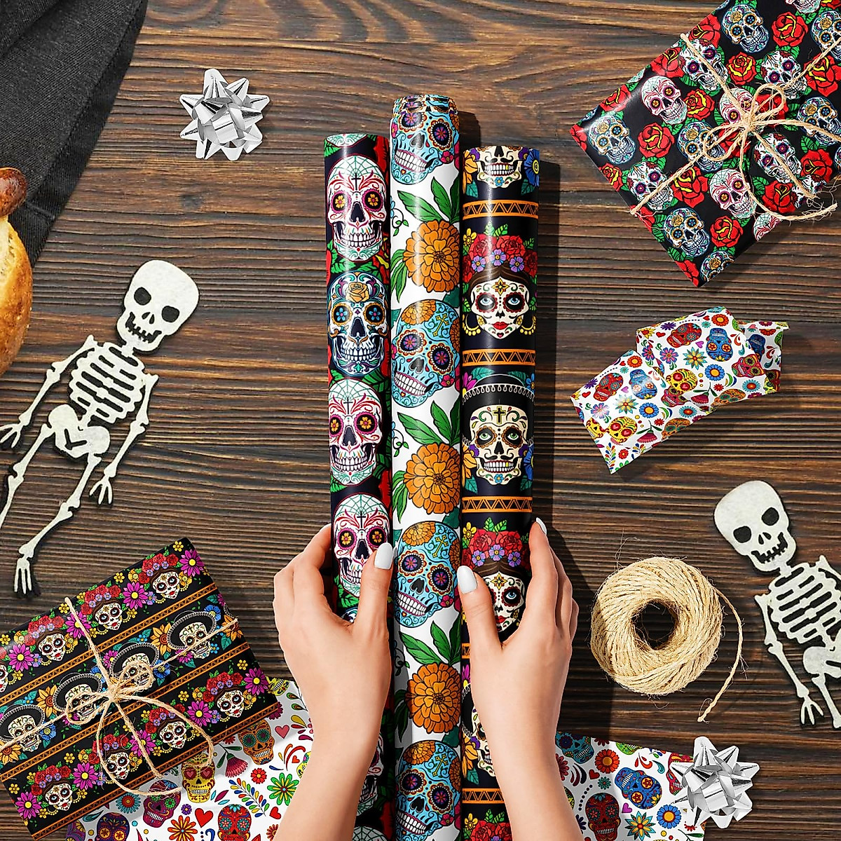 YVAINE ​​​​​​12 Sheets Day of the Dead Wrapping Paper Mexican Sugar Skull Wrapping Paper Folded Flat Art Paper for Dia De Los Muertos Halloween Birthday Party, ​​​​20 x 27 Inches