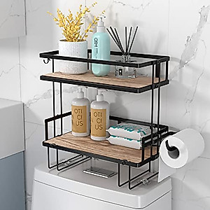 Lorbro Over The Toilet Storage Shelf, Bathroom Storage Organizer with Wooden Bottom Plate & Adhesive Base, Toilet Storage Rack for Paper Towels Shampoos Bathroom Decor (Black, 2-Tier)