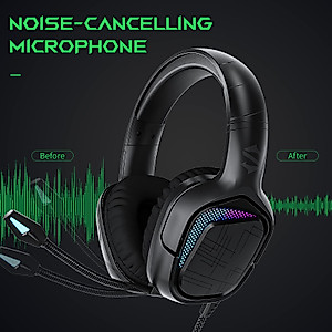 Black Shark Gaming Headset with Microphone, Noise Cancelling Wired 3.5mm Gamer Headphones, LED Light, Over Ear Soft Memory Earmuffs for for PS4 PS5 PC Xbox One Switch