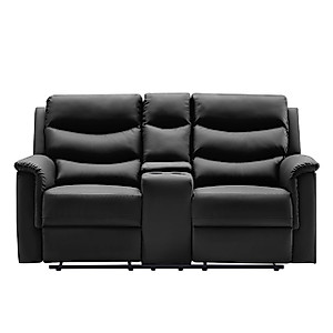 Faux Leather Double Recliner Loveseat Sofa with Console, 2 Seater Love Seat Couch Home Theater Seating RV Furniture,Pillow Top Armrest Manual Recliling Sofa & Couches with Storage & Cup Holders