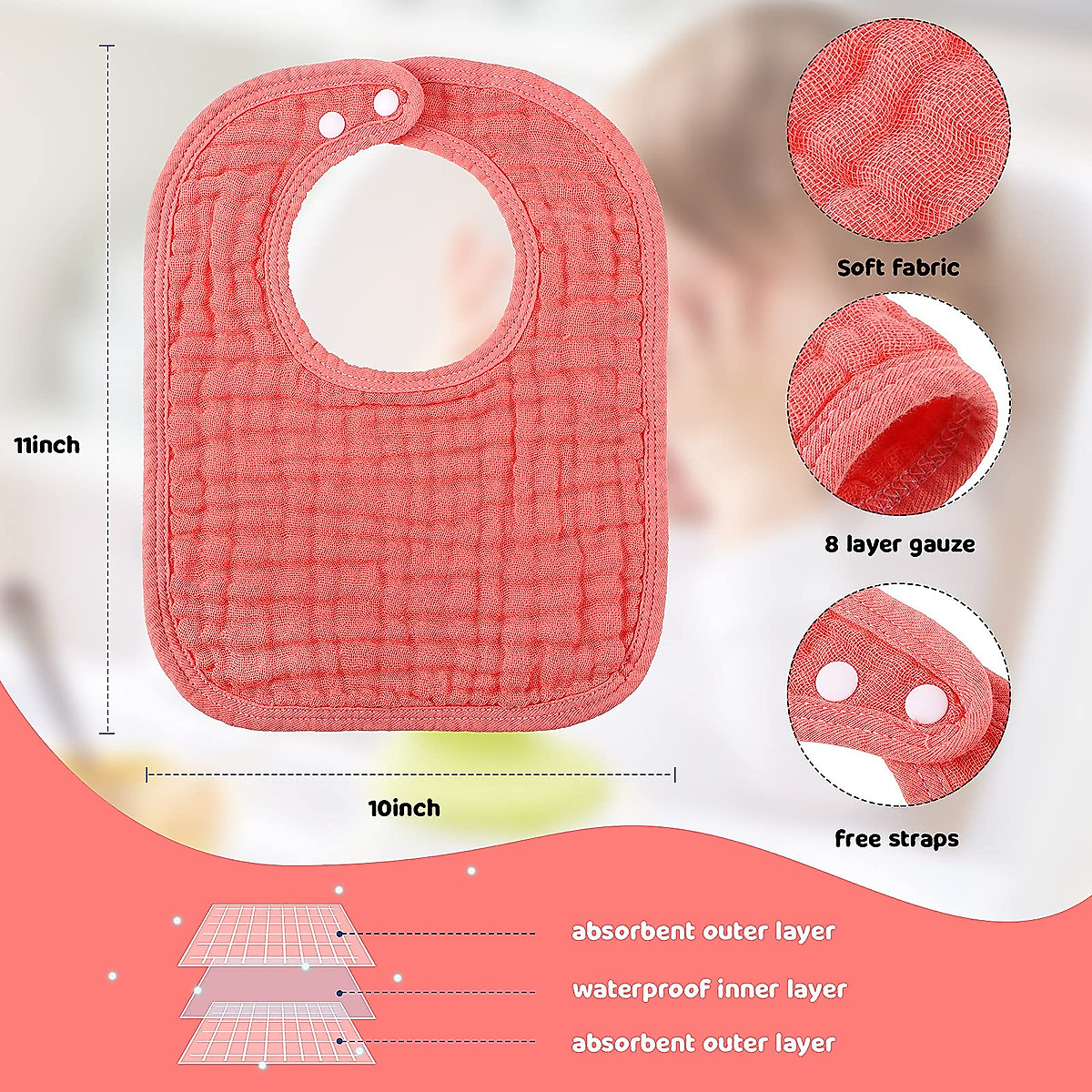 Tatuo 8 Pieces Baby Muslin Bibs & Burp Cloths, 20 x 10 Inch (Simple Color)