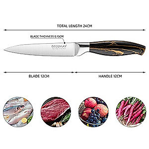 BECOKAY Kitchen Utility Knife - 5 inch Petty Knife with Sheath - Sharp High Carbon German Stainless Steel Cutting Engraving Knife - Suitable for Meat, Fruit Peeling Knife - Ergonomic Handle Design