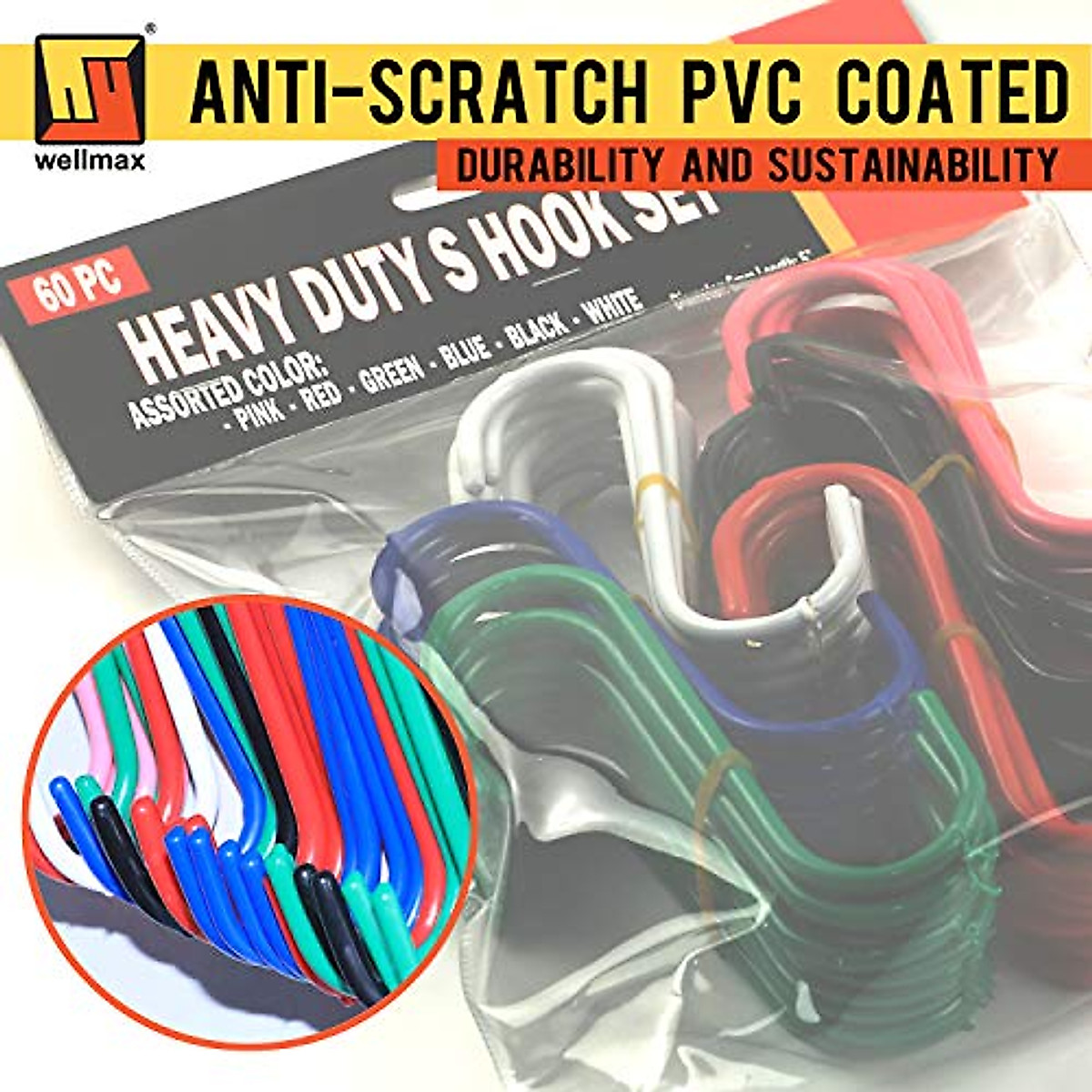Wellmax 60PCS S Hooks for Hanging, Heavy Duty S Shaped Hooks, Colored Metal S Hook Set for Hanging Plants, Closet, Kitchen, Pot Rack, and pots and Pans. 5 inches Long and 6mm Thick