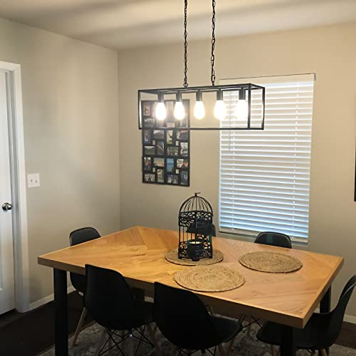 Black Farmhouse Kitchen Island Lighting Modern Linear Chandelier Industrial Dining Room Rectangular Light Fixtures for Living Room Foyer Bar (Black, 5-Light)