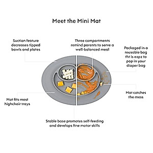 ezpz Mini Mat - 100% Silicone Suction Plate with Built-in Placemat for Infants + Toddlers - First Foods + Self-Feeding - Comes with a Reusable Travel Bag (Gray)