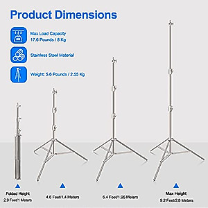 EMART 9.2ft/2.8m Stainless Steel Light Stand, Spring Cushioned Heavy Duty Tripod Stand with 1/4" to 3/8" Universal Adapter for Studio Softbox, Monolight, Umbrella, Reflector, Strobe Light, Photography