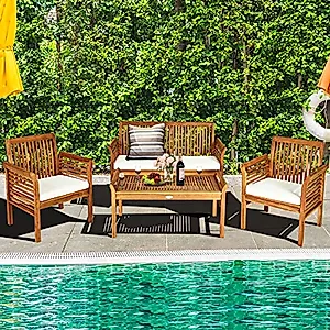 Tangkula 4 Piece Outdoor Acacia Wood Sofa Set with Water Resistant Cushions, Padded Patio Conversation Table Chair Set w/Coffee Table for Garden, Backyard, Poolside (1)