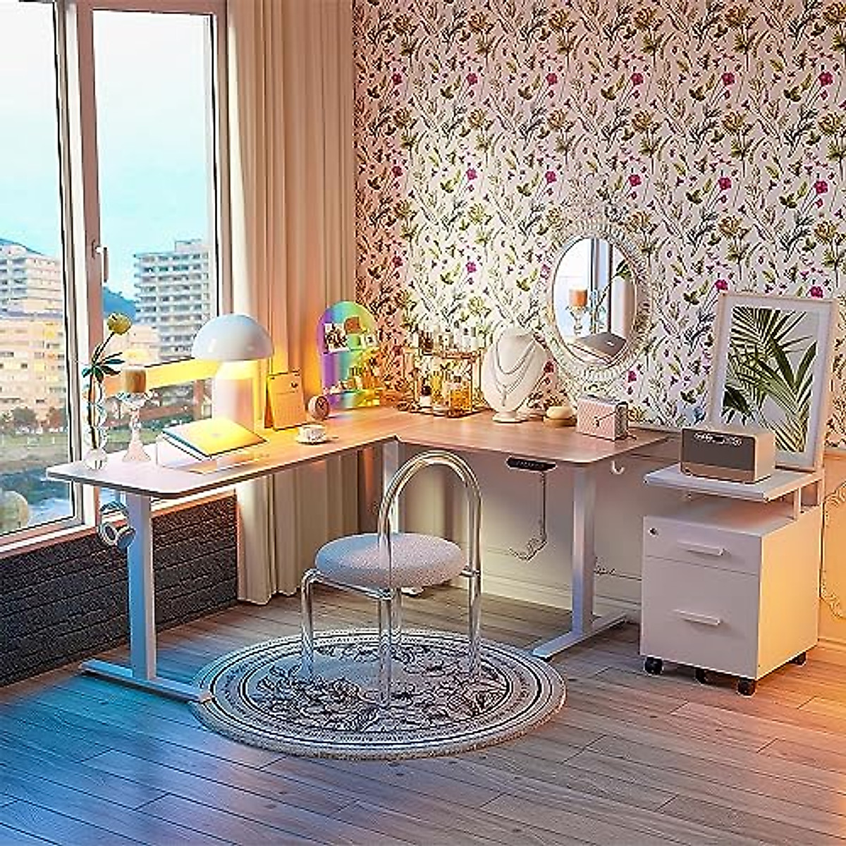 FEZIBO 63" L Shaped Standing Desk Height Adjustable, Electric Stand up Corner Desk, Sit Stand Home Office Desk with Splice Board, White Frame/Light Walnut Top