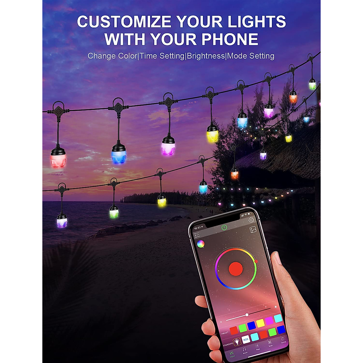 NPET Led Outdoor String Lights,Waterproof Edision Bulbs with RGB Color，Music Sync，Shatterproof WiFi Control Patio Lights，Commercial Grade Outside Lights for Indoor Outdoor,Home Decor,Wedding Party