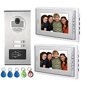 AMOCAM Video Intercom Entry System, Wired 7 inches LCD Monitor Video Door Phone Doorbell with 5PCS ID Card for 2 Units Apartment, Support Monitoring, Dual Way Door Intercom, ID Keyfob Unlock