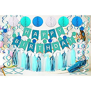 Blue Birthday Party Decorations, Blue Happy Birthday Banner for Kids Birthday Decorations, Blue Tissue Paper Tassels Garland Honeycomb Balls Swirls Streamers for Boys Girls Family Birthday Decorations