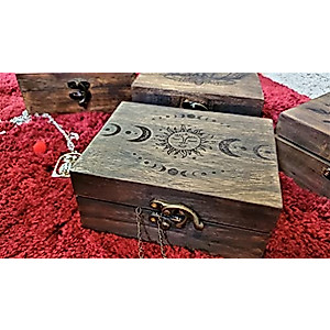 Engraved Wooden Tarot Box for Cards Crystal Holder | Sun and Moon Fortune Telling Astrology Trinket Keepsake Box. Fengshui Luck Talisman Decorative Gift Case/Holder