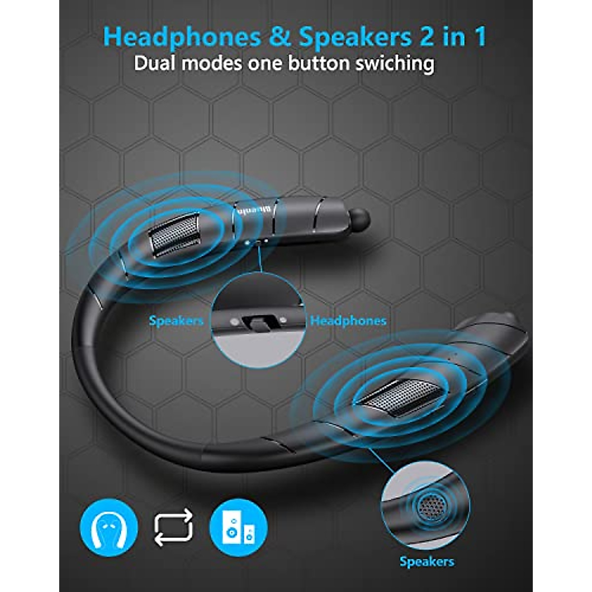Bluenin Bluetooth Headphones Speaker 2 in 1,Neckband Bluetooth Headphones Retractable Earbuds with Built-in TF Card,Wireless Wearable Speaker Sweatproof Headset with Mic (Black)