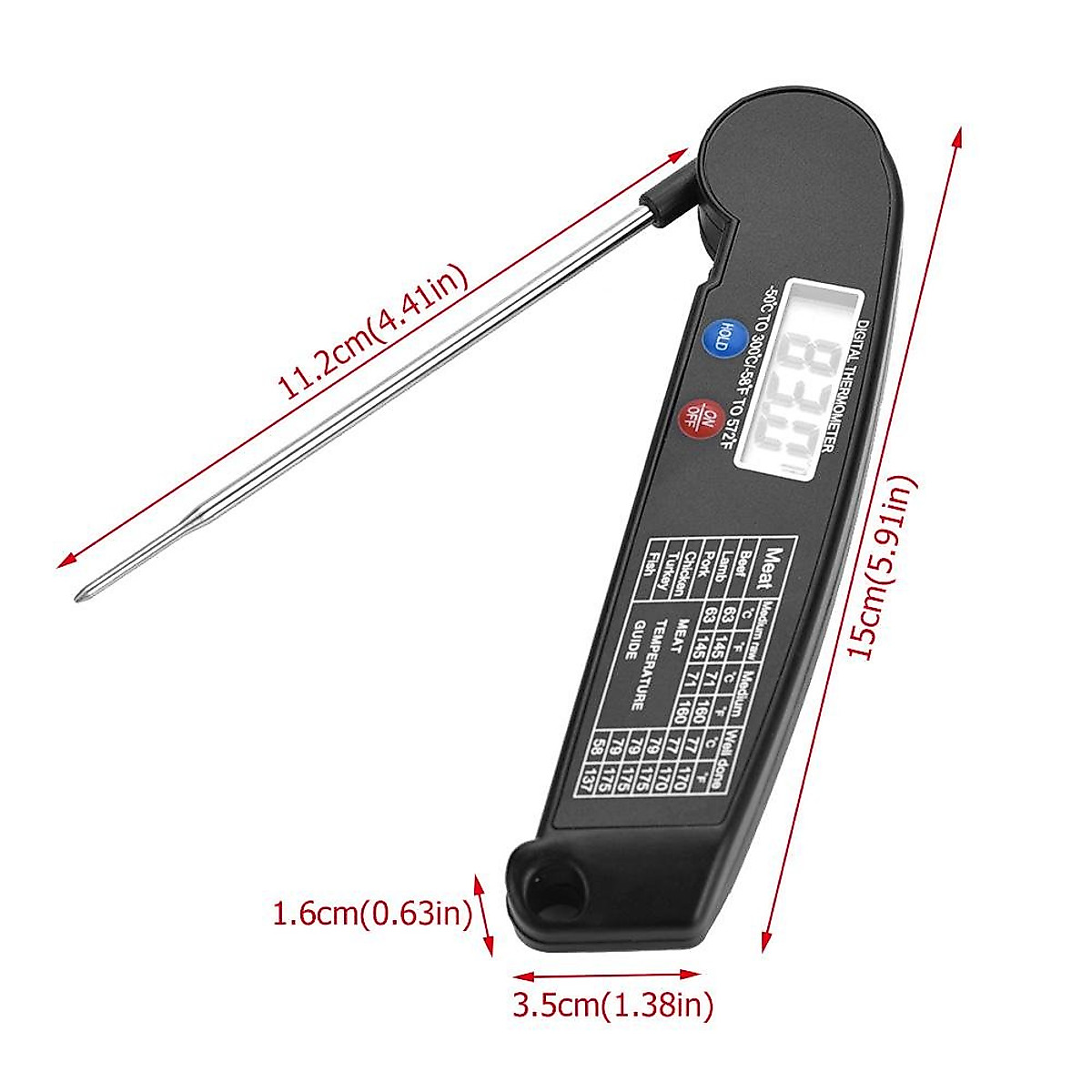 LCD Digital Food Meat Thermometer with Folding Probe Turkey Fish Beef Taste Selectable Kitchen Cooking BBQ Grill Temp Tester(Black)