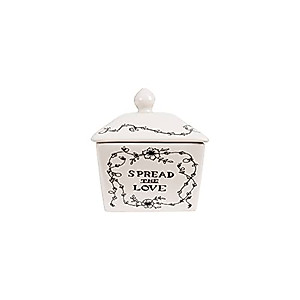 Creative Co-Op Country Stoneware Butter Dish with Lid, "Spread the Love" Message, and Farm Line Drawing, White and Black
