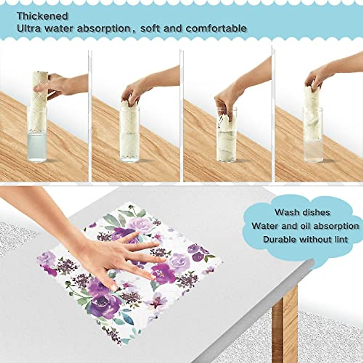 CaTaKu Purple Flower Microfiber Reusable Cleaning Cloths Kitchen Dish Cloths Dish Rags for Washing Dishes, Watercolor Rose Dish Towels Washcloths for Kitchen Drying, 6 Pack