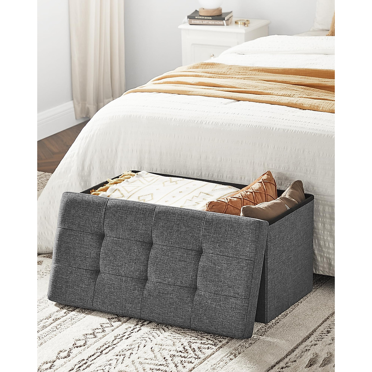 SONGMICS 30 Inches Folding Storage Ottoman Bench, Storage Chest, Foot Rest Stool, Dark Gray ULSF47K