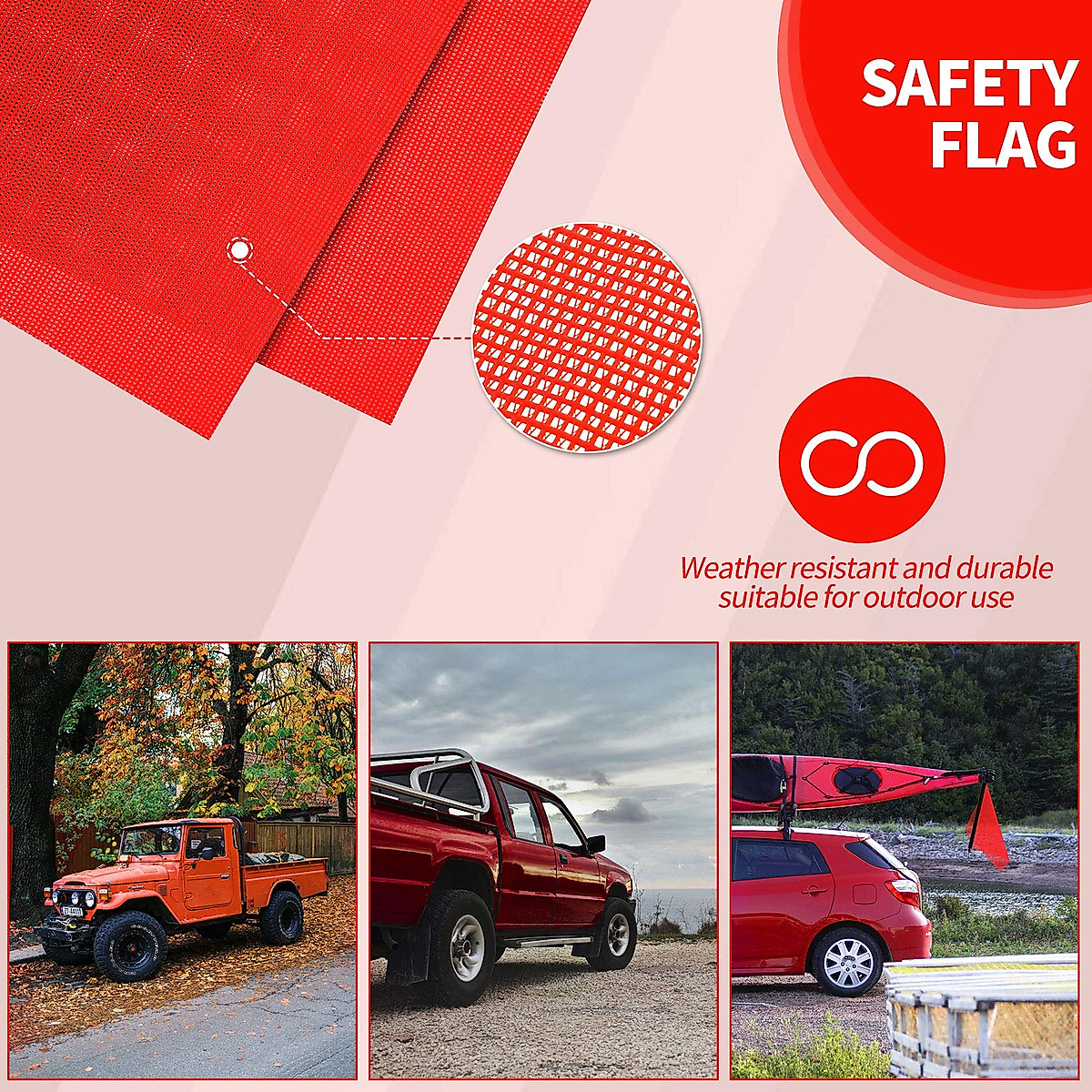 2 Pieces 18 x 18 Inch Hook Safety Warning Flag Mesh Safety Flag Warning Flag with Vinyl Welt and Bungee Cord for Truck and Pedestrian Crossings (Deep Red)