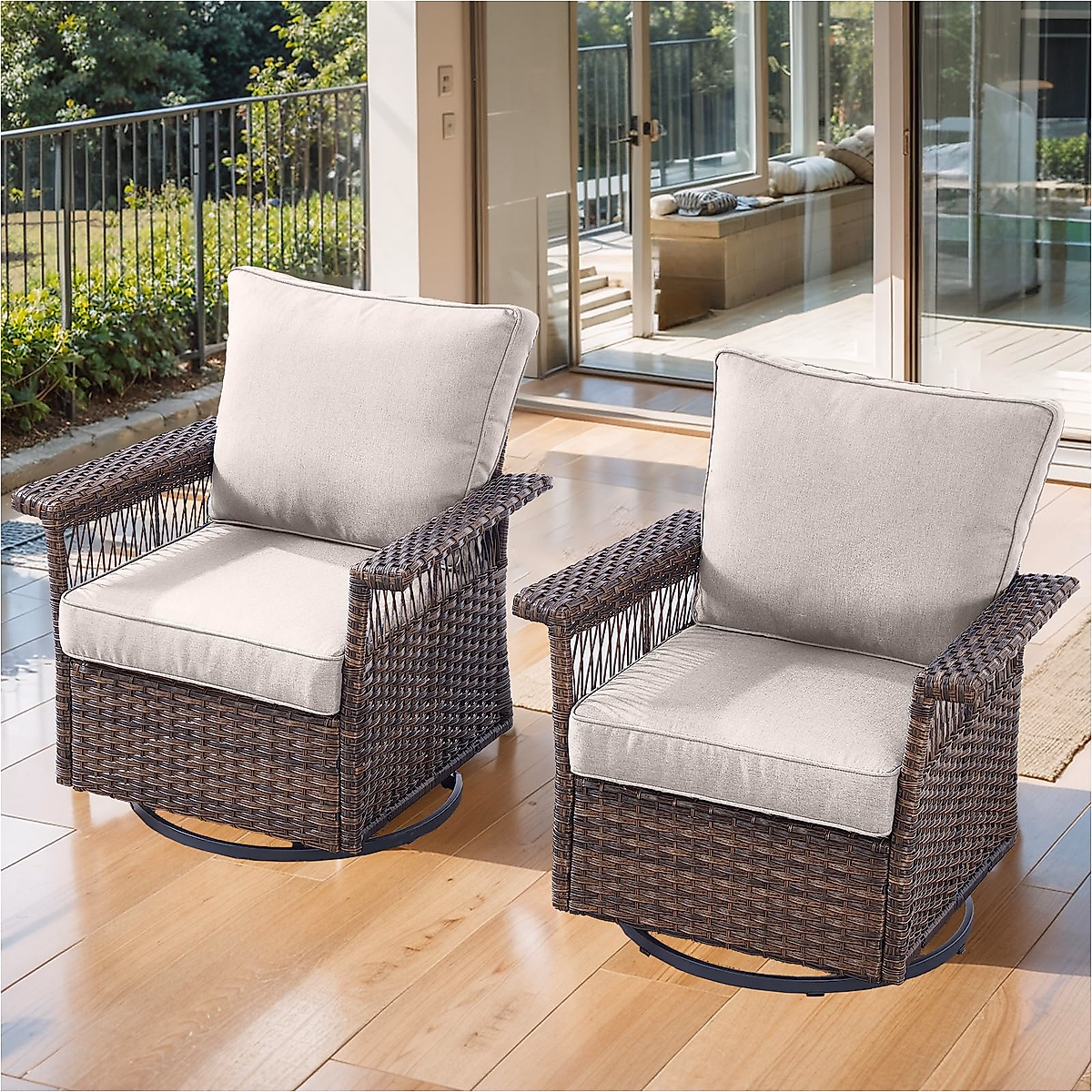 HUMMUH Outdoor Swivel Chairs Set of 2 - Swivel Patio Chairs with 4" Wide Armrest Patio Chairs for Deck Porch Balcony Garden-Brown/Beige