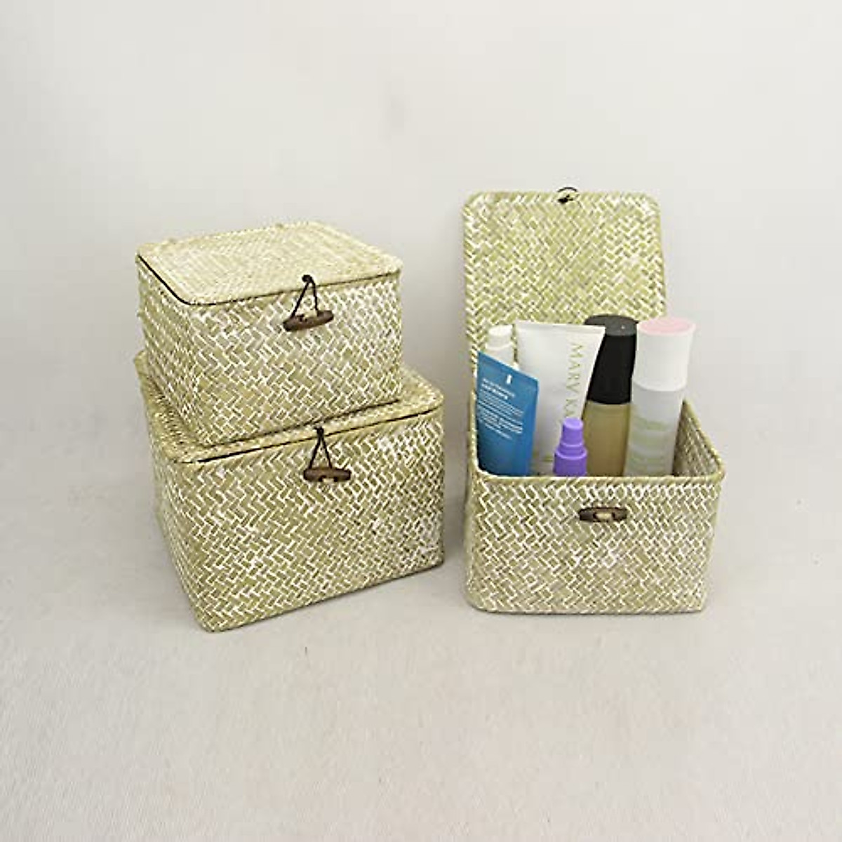 HAPYFURN Shelf Storage Boxes with Lid, Set of 2 Stackable Square Baskets for Shelves, Natural Seagrass Handwoven, Organizer Box of Cosmetics Keys Jewelry Needles Threads