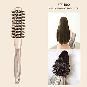 BANGMENG Round Brush with Boar Bristles, 1 inch Barrel, Nano Thermal Ceramic Ionic Tech for Straightening and Blow Drying, Gold