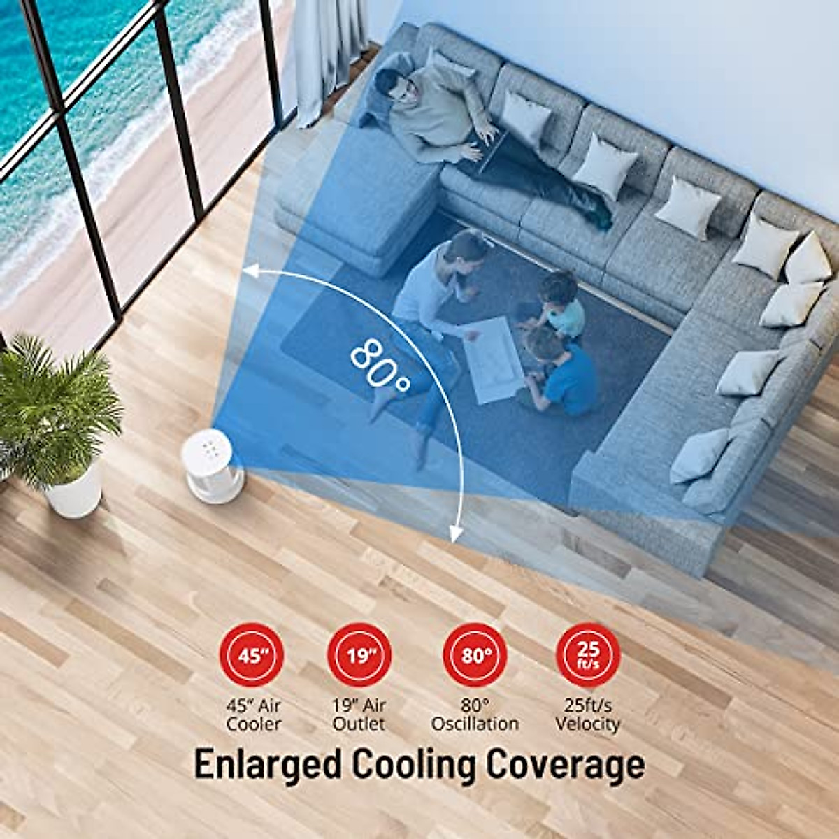 Evaporative Cooler, PARIS RHÔNE 3 in 1 Evaporative Air Cooler 45" Air Cooler 80° Oscillating 19” Air Outlet Cooling Fan 4 Speeds 3 Modes 6L Water Tank Portable Universal Casters White