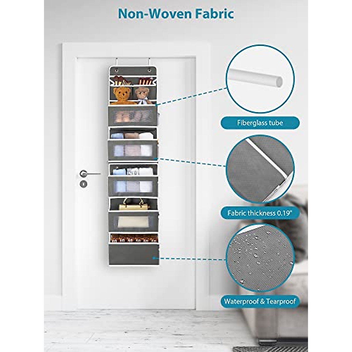 PARAKE 6-Shelf Over The Door Organizer, Flexible 1 Split into 2 Hanging Storage Door Organizer, Over The Door Storage with 5 Large Pockets, for Closet Pantry Bathroom Nursery Bedroom (Grey)