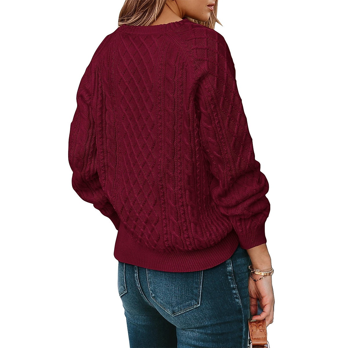 KIRUNDO Womens Sweaters 2024 Fall Winter Henley Long Sleeve Button Crew Neck Cable Knit Loose Cropped Sweater Pullover(Jujube Red, Large)