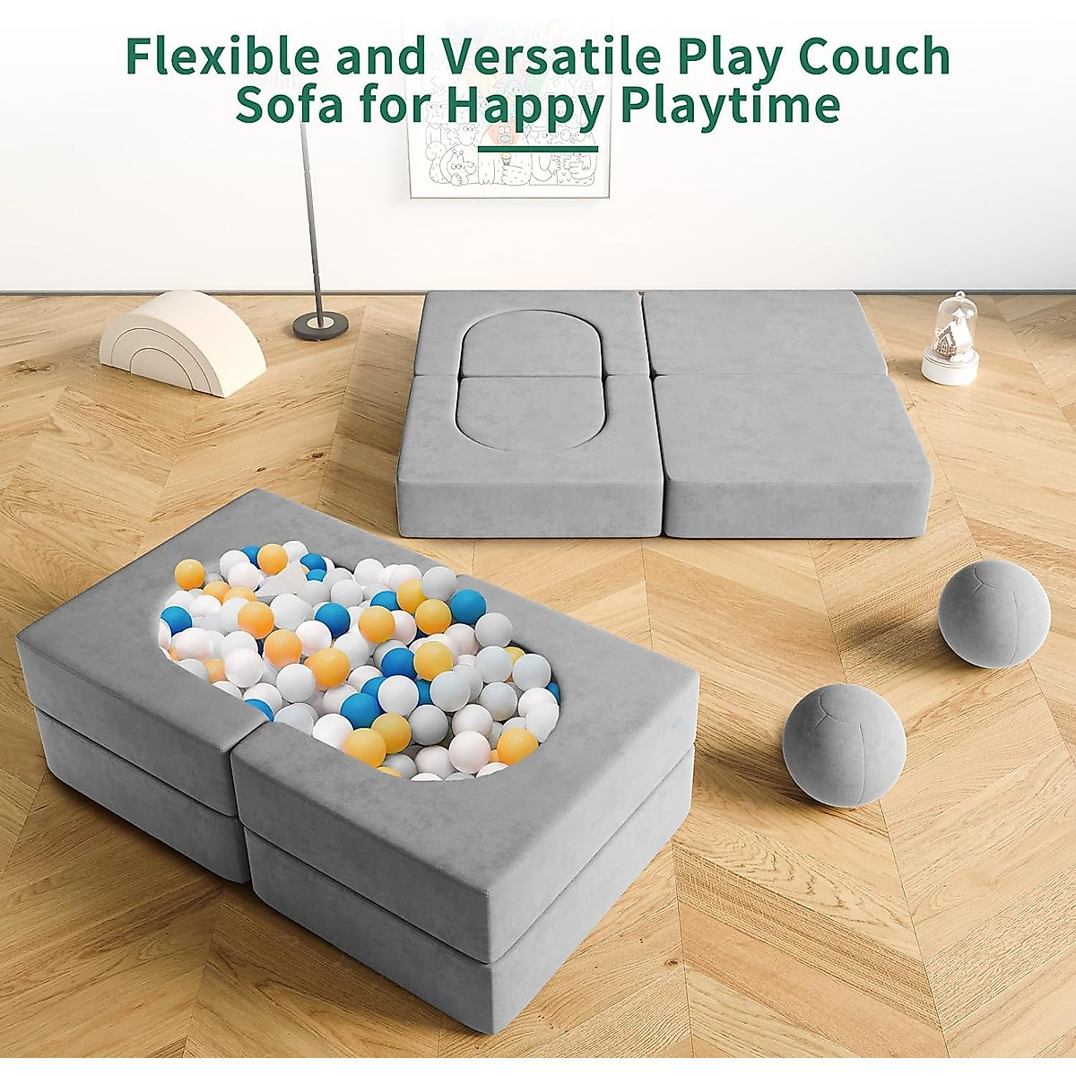 8 Pcs Kids Couch, Modular Kids Play Couch, Fold Out Toddler Couch Building Fort with Balls for Playroom, Convertible Kids Floor Sofa and Foam Couch for Boys and Girls, 30+ Creativity - Grey